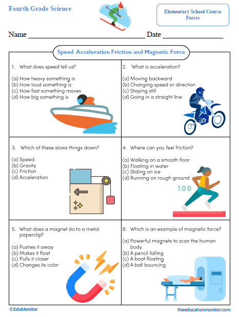 Speed Acceleration Friction and Magnetic Force Science Worksheet ...