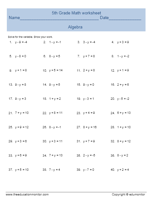 5th Graders Algebra Worksheets And Printables - EduMonitor | Science ...