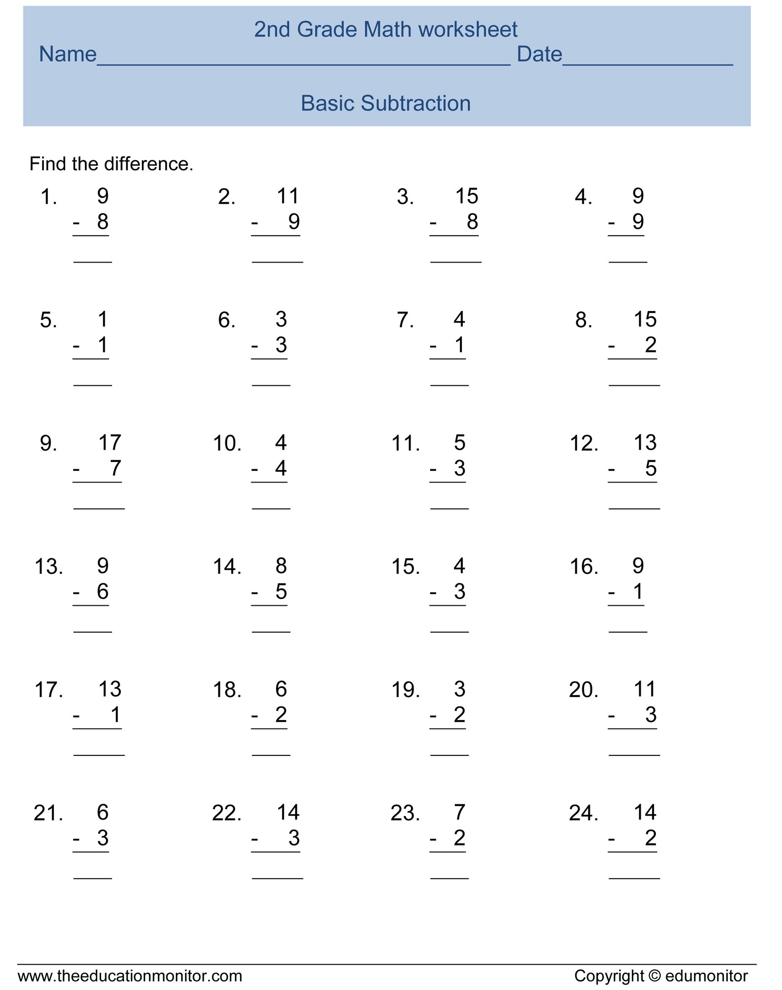 Grade 2 Subtraction Math - EduMonitor | Science, Math, Language Arts