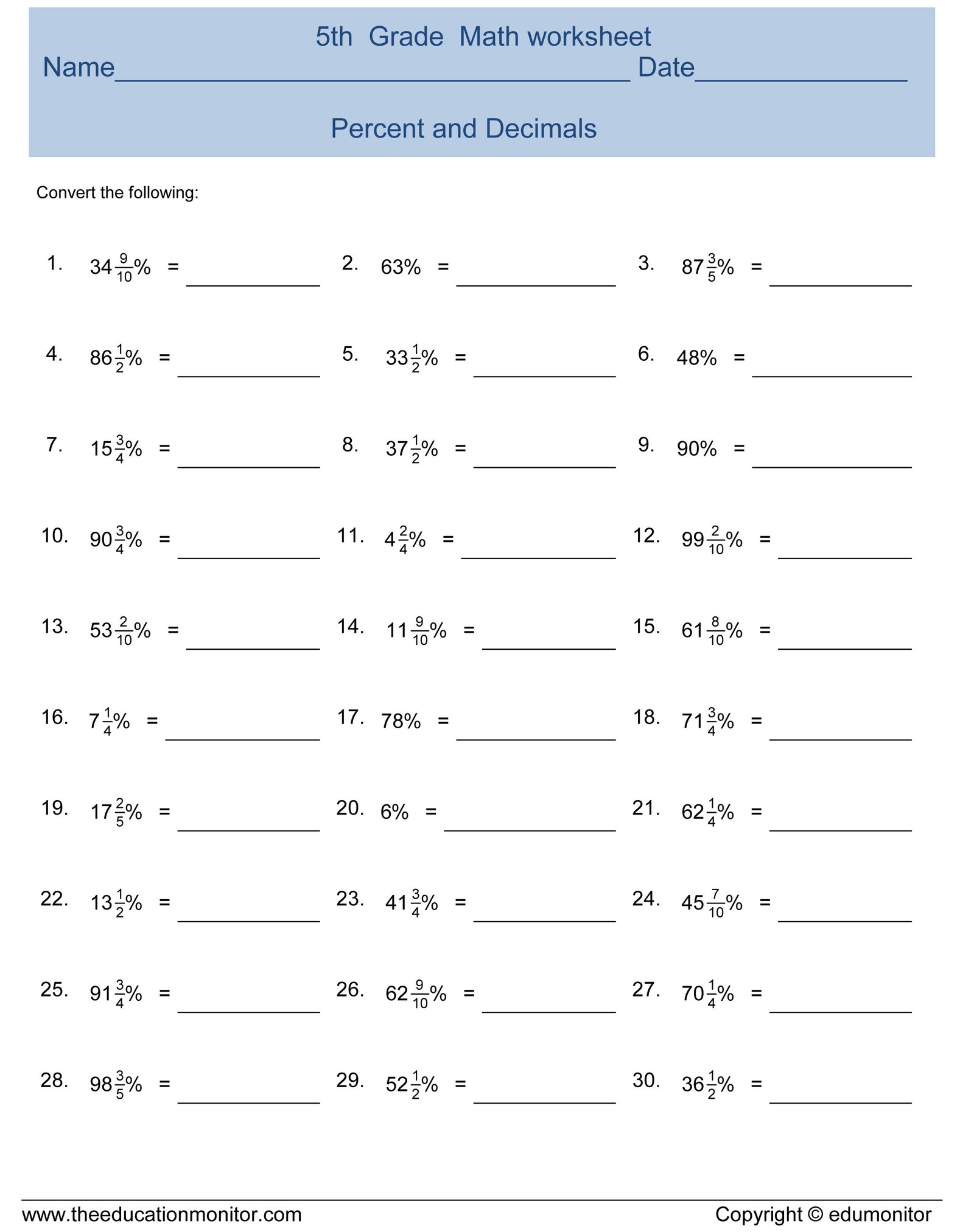 Percentages to Decimals Worksheets - EduMonitor | Science, Math ...