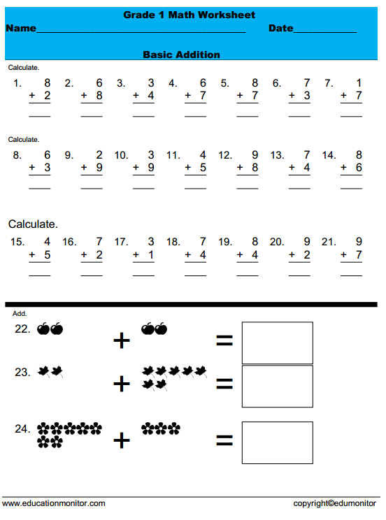 First Grade Addition Math Printables - EduMonitor | Science, Math ...
