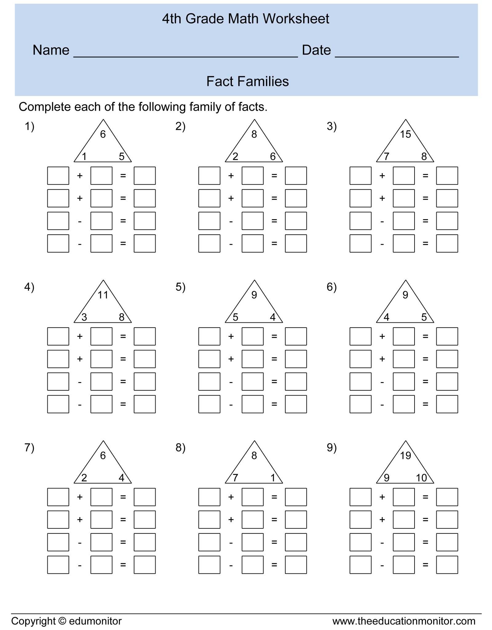 4th Grade Fact Families Worksheet - EduMonitor | Science, Math ...