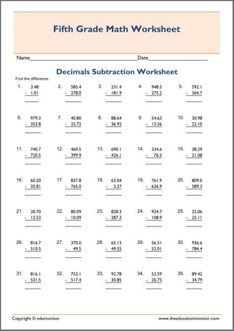 Decimal Subtraction Practice - EduMonitor | Science, Math, Language Arts