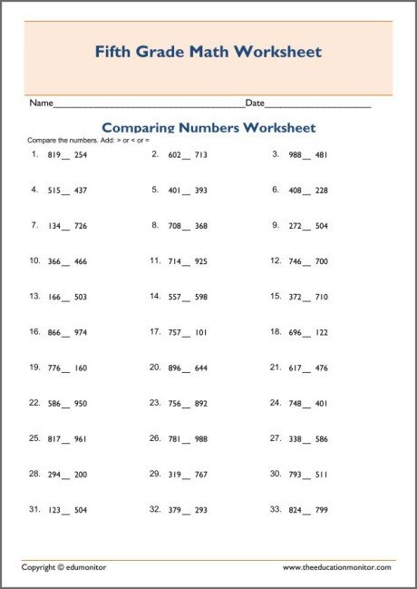 5th Grade Comparing Numbers Free - EduMonitor | Science, Math, Language ...