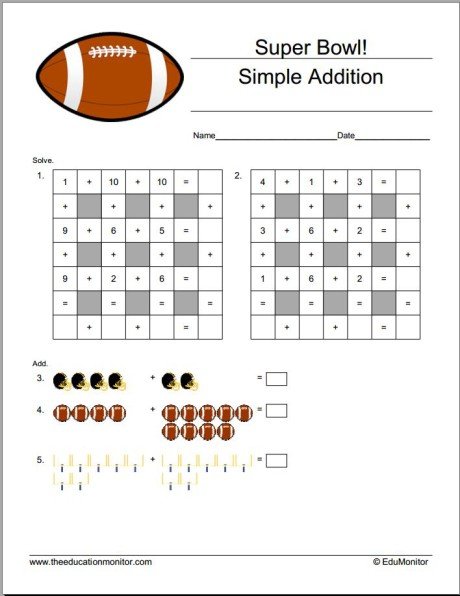 Kindergarten Super Bowl Worksheets - EduMonitor | Science, Math ...