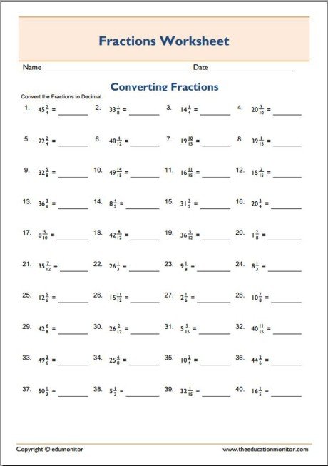 Fraction Conversions Worksheet - EduMonitor