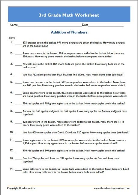 Free 3rd Grade Math Worksheets in pdf - EduMonitor | Science, Math ...