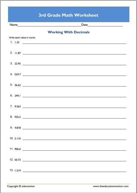Grade 3 Math Worksheets - EduMonitor | Science, Math, Language Arts