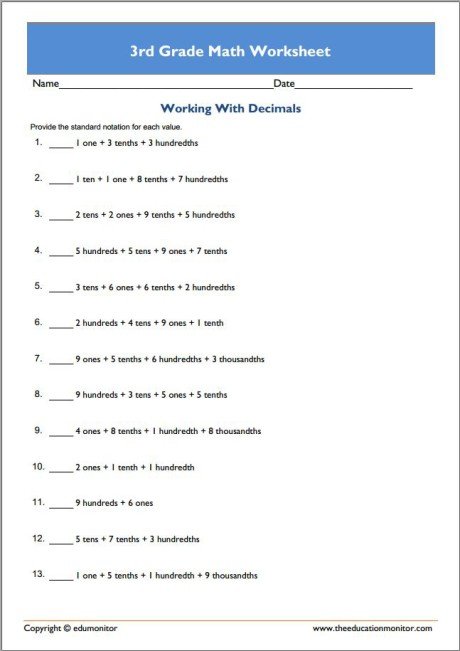 Third Grade Math Worksheets - PDF Grade 3 Printables - EduMonitor ...
