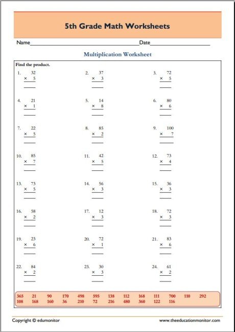 Free 5th Grade Whole Number Multiplication - 2 x 1 digits - EduMonitor ...