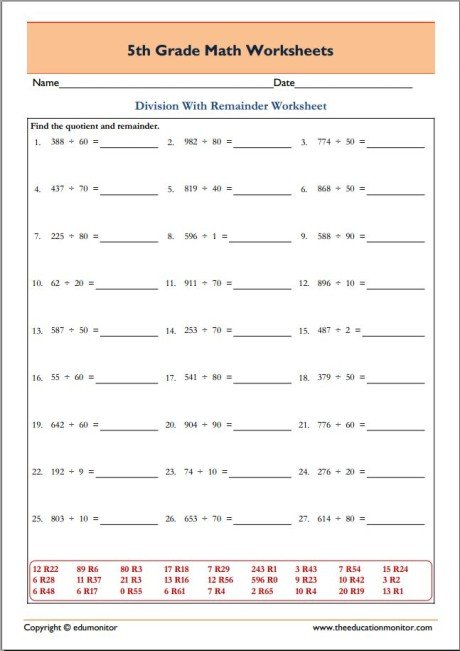 5th Grade Math Division Worksheets - 3 x 2 digits - EduMonitor ...