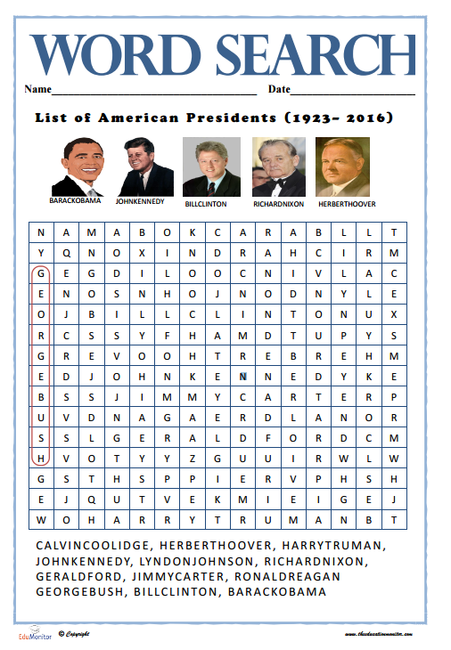 Us Presidents Wordsearch Find Answers pdf - EduMonitor | Science, Math ...