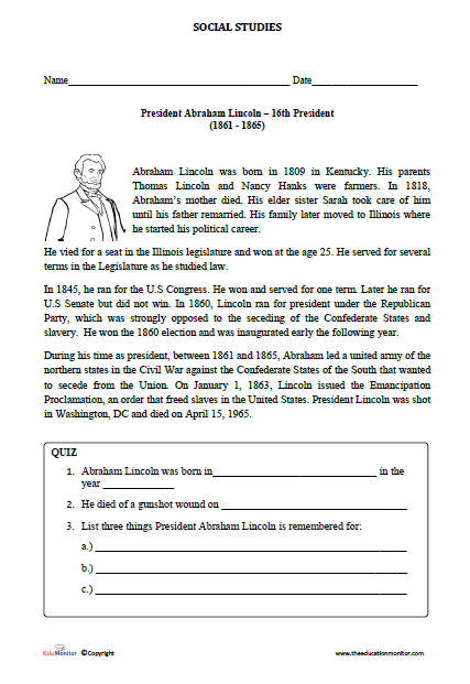 Abraham Lincoln Biography worksheet for Kids - EduMonitor | Science ...