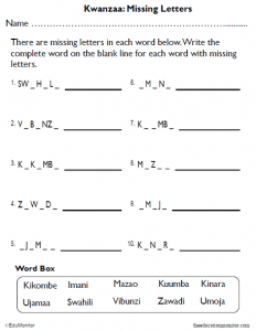 Grade 3 Kwanzaa Holiday Missing Letters Worksheet - EduMonitor ...