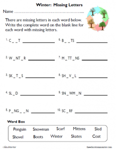 Winter Season Missing Letters Worksheets|4th Grade Winter Printables ...