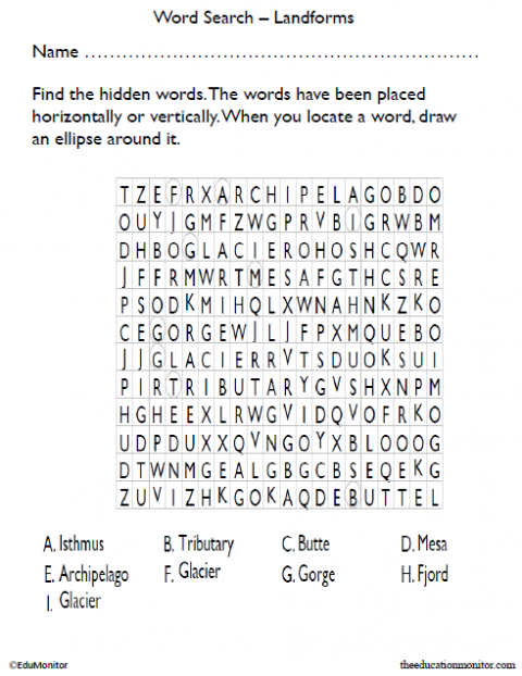 Landforms Word Search Worksheet for Kids - EduMonitor | Science, Math ...