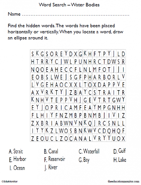 Water Bodies Word Search Puzzle Worksheet for Kids - EduMonitor ...