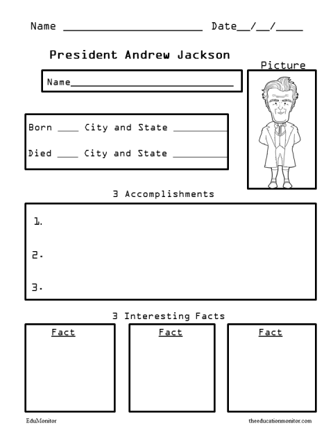 Presidents Biography Research Worksheet for President Andrew Jackson ...