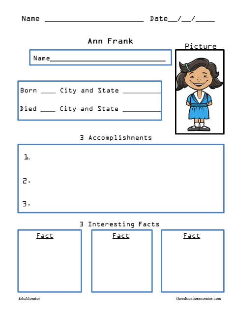 Anne Frank Biography Free Printable Worksheet - EduMonitor | Science ...