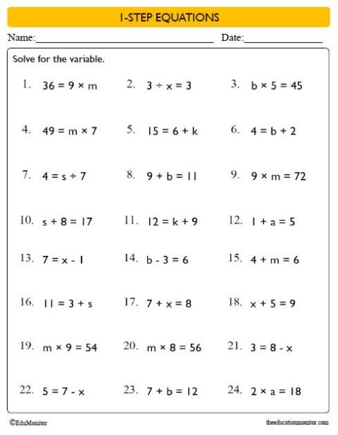 1-Step Equations Worksheet for Grade 6 - EduMonitor | Science, Math ...