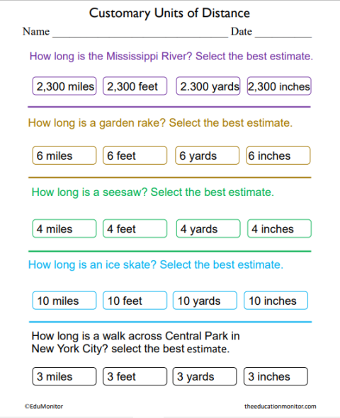 Customary Units of Distance Worksheet for Eighth Grade - EduMonitor ...