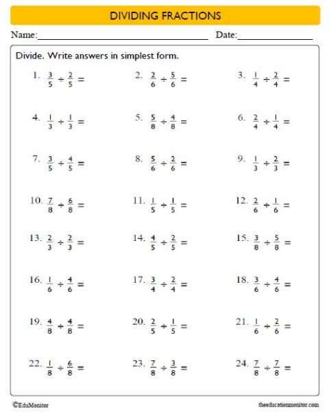 Dividing Fractions Worksheet for Grade 6 - EduMonitor | Science, Math ...