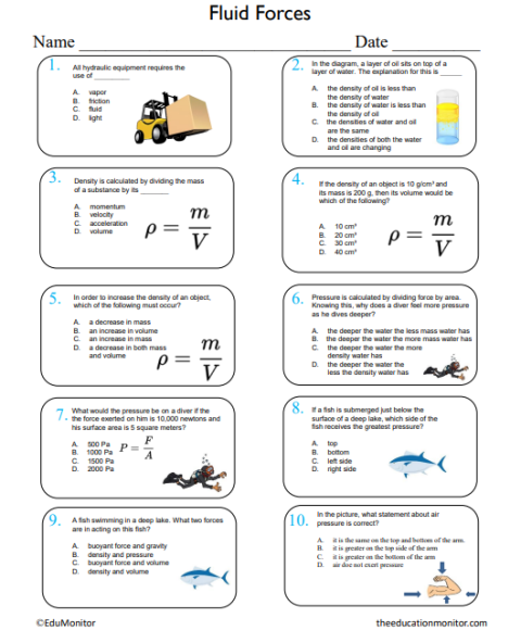 Fluid Forces Worksheet for Eighth Grade - EduMonitor | Science, Math ...