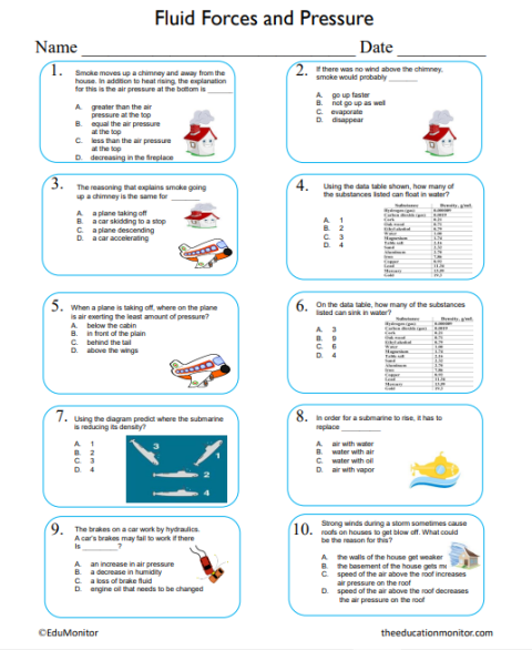 Fluid Forces and Pressure Worksheet for Eighth Grade - EduMonitor