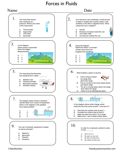 Forces in Fluids Science Worksheet for Grade 8 - EduMonitor | Science ...