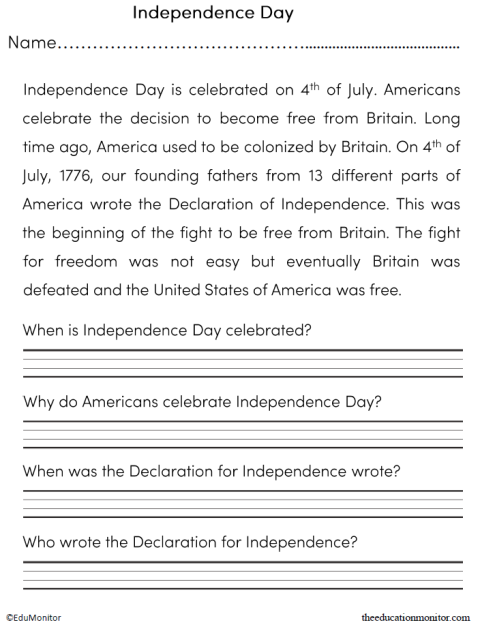 Independence Day Reading Comprehension Worksheets - EduMonitor ...