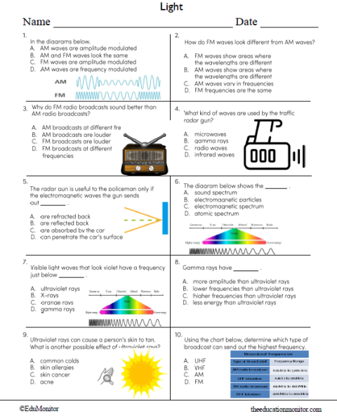 Light Science Worksheet for Grade 8 - EduMonitor | Science, Math ...