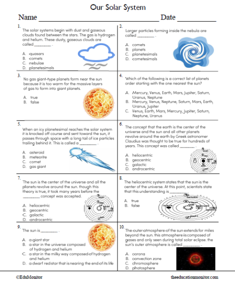 Our Solar System Science Worksheet for Grade 7 - EduMonitor | Science ...