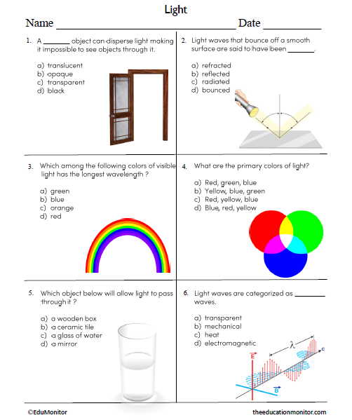 Light Science Worksheet for Grade 6 - EduMonitor | Science, Math, Language Arts