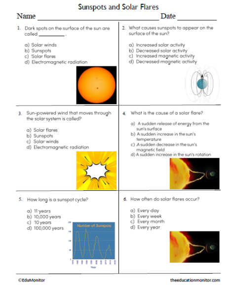 Sunspots and Solar Flares Science Worksheet for Grade 6 - EduMonitor ...