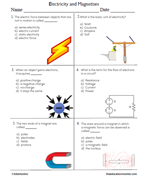 Electricity and Magnetism Science Worksheet for Grade 6 - EduMonitor ...