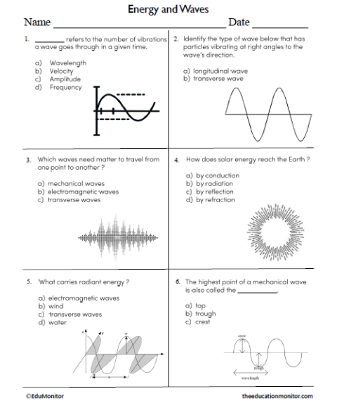 Energy and Waves Science Worksheet for Grade 6 - EduMonitor | Science ...