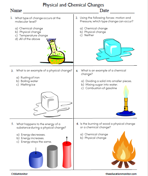 Physical and Chemical Changes Science Worksheet for Grade 7 ...