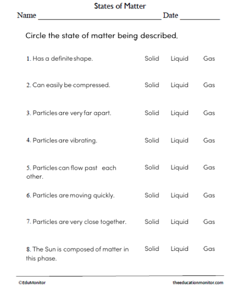 States of Matter Science Worksheet for Grade 7 - EduMonitor | Science ...