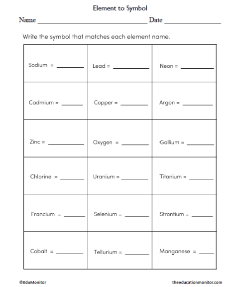 Element to Symbol Science Worksheet for Grade 6 - EduMonitor | Science ...