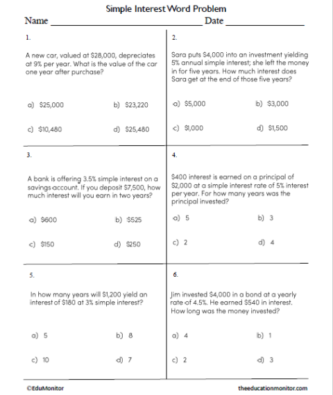 Simple Interest Word Problem Math Worksheet for Grade 8 - EduMonitor ...