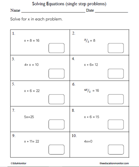 Solving Equations Math Worksheet for Grade 6 - EduMonitor | Science ...