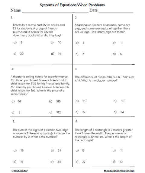 Systems of Equations Word Problems Math Worksheet for Grade 7 ...