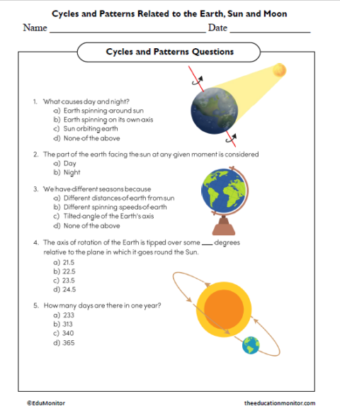 Cycles and Patterns Related to the Earth Sun and Moon Worksheet ...