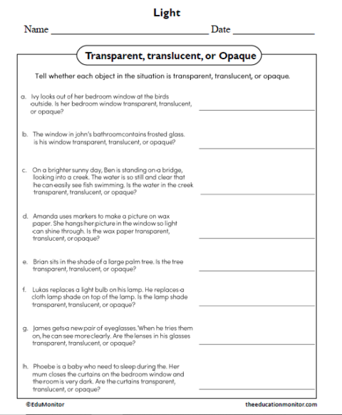 Light Science Worksheet - EduMonitor | Science, Math, Language Arts