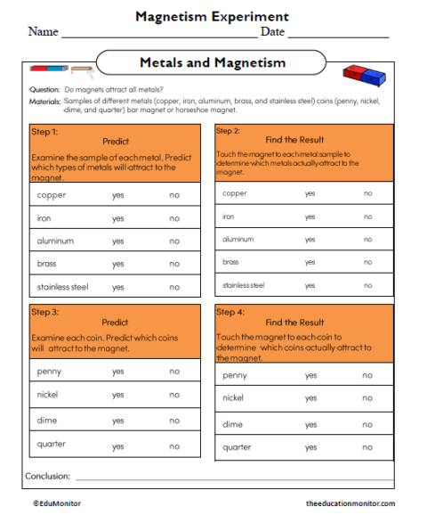 Magnetism Experiment Science Worksheet - EduMonitor | Science, Math ...