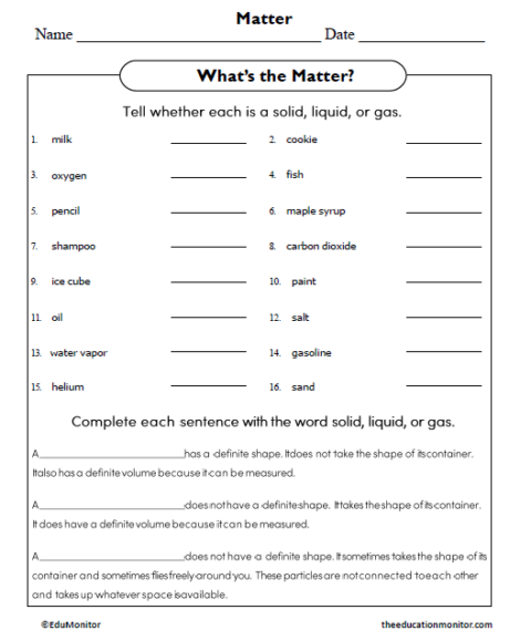 Matter Science Worksheet - EduMonitor | Science, Math, Language Arts