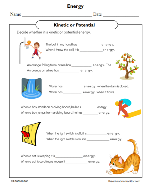 Kinetic or Potential Science Worksheet for Grade 5 - EduMonitor ...