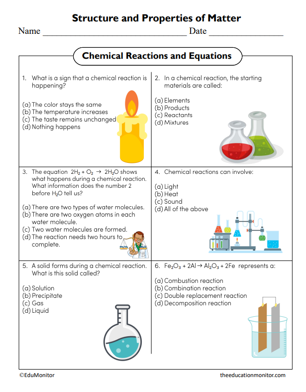 Chemical Reactions and Equations Science Worksheet - EduMonitor ...