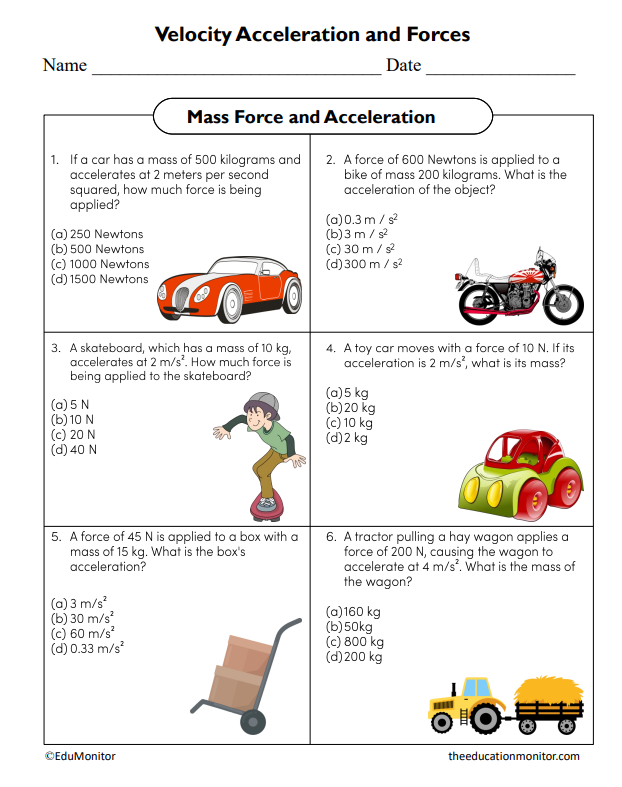 Mass Force And Acceleration Science Worksheet Edumonitor Science