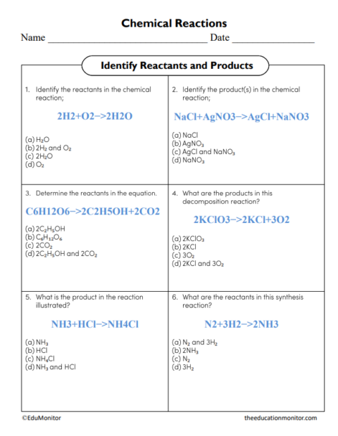 Identifying Reactants and Products Science Worksheet - EduMonitor ...